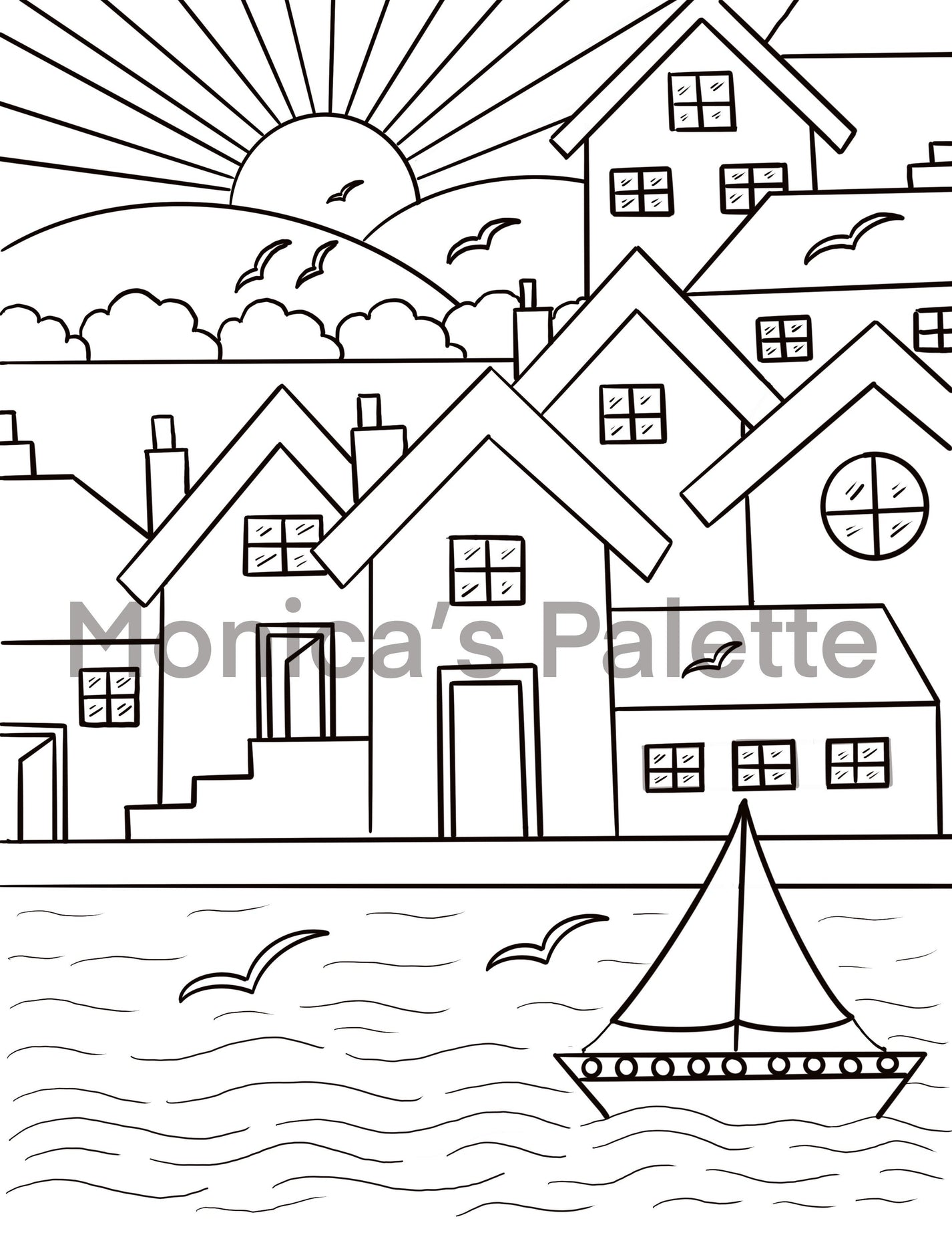 Coloring Page - River, Buildings – Monica's Palette